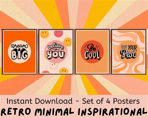 Retro Minimalistic Inspirational Class Set Of 4 Printable Posters Digital Downloads Classroom
