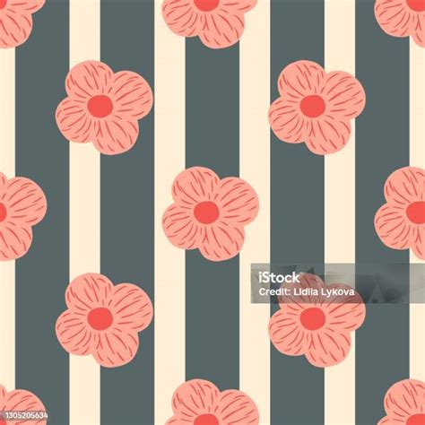 핑크 컬러의 심플한 플라워 실루엣이 있는 추상적인 매끄러운 패턴 네이비 블루 스트라이프 백그라운드 0명에 대한 스톡 벡터 아트