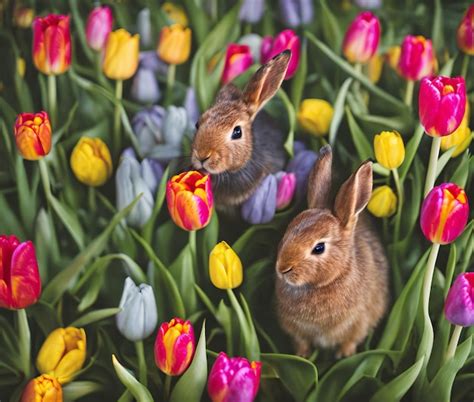 Premium Photo Easter Rabbits With Basket And Flowers On Grass Closeup