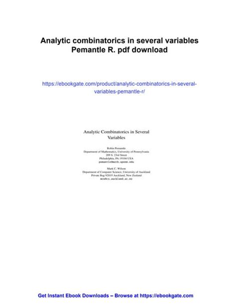 Analytic Combinatorics In Several Variables Pemantle R Pdf
