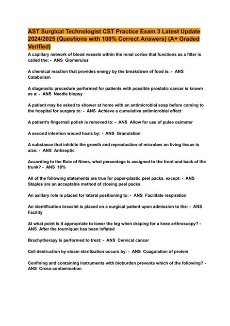 Ast Surgical Technologist Cst Practice Exam 3 Latest Update 2024 2025 Questions With 100