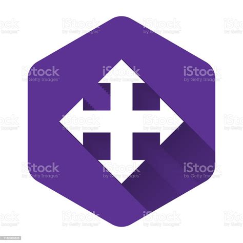 긴 그림자로 격리 된 네 방향 아이콘의 흰색 화살표 보라색 육각 버튼 벡터 일러스트레이션 4가지 개체에 대한 스톡 벡터 아트 및 기타 이미지 Istock