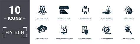 핀 테크 설정 아이콘 모음 온라인 뱅킹 신흥 시장 직접 지불 디지털 네이티브 크 라우드 펀 딩 플랫폼 및 전자 뱅킹 보안 프리미엄 아이콘과 같은 간단한 요소를 포함 합니다