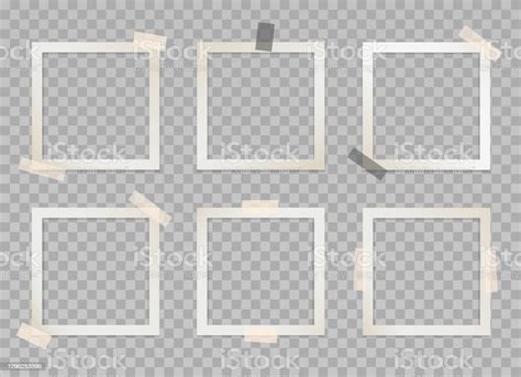 접착제 테이프가있는 사각형 사진 프레임 세트 벡터 3d 사실적입니다 현대적인 디자인에 대한 모형 투명 한 배경에 빈 템플릿 6 검은 색과 베이지 색 스티커 테이프와 빈