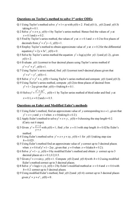 Questions On Taylors Series Euler And Modified Eulers Method