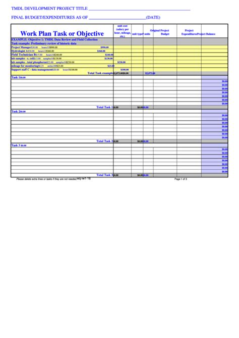 Project Budget Template Work Plan Task Or Objective Printable Pdf Download