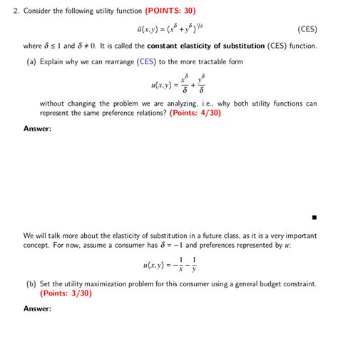 Consider The Following Utility Function POINTS Chegg