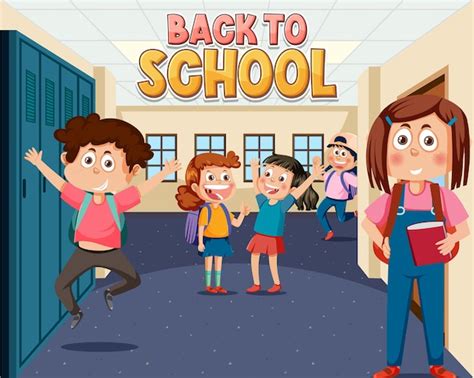 학생 아이들과 함께 학교로 돌아가기 프리미엄 벡터