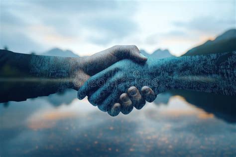 Digital Handshake Symbolizes Tech Collaboration And Human Connection In A Serene Landscape Stock