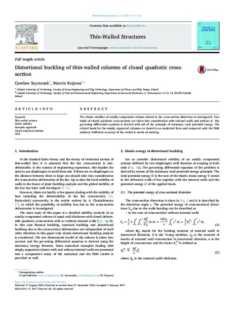 Pdf Distortional Buckling Of Thin Walled Columns Of Closed Quadratic Cross Section