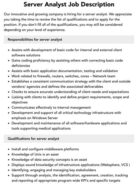 Server Analyst Job Description Velvet Jobs