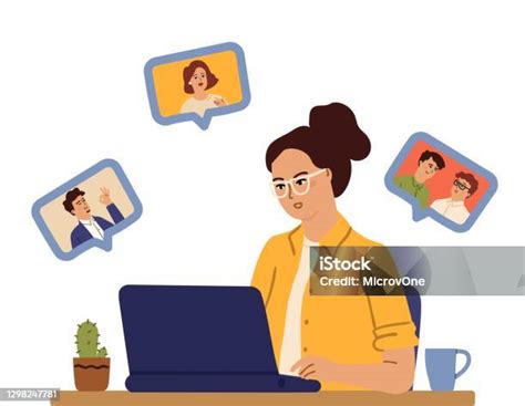 원격 작업 소녀 프리랜서 거리 학습 또는 의사 소통 화상 회의 친구 또는 가족과 채팅 온라인 토크 노트북에서 여자는 동료 벡터