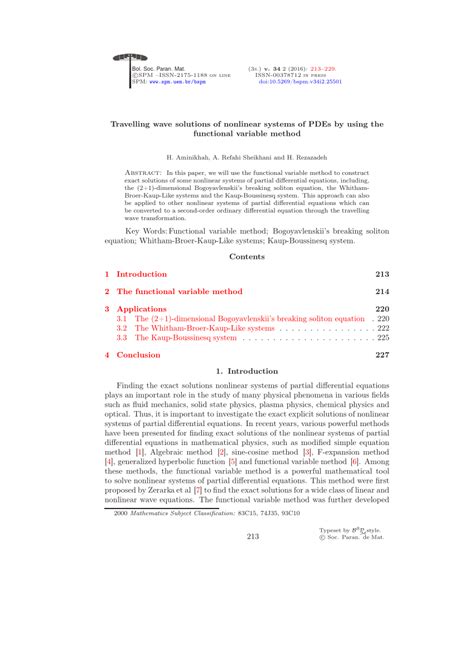 Pdf Travelling Wave Solutions Of Nonlinear Systems Of Pdes By Using The Functional Variable Method
