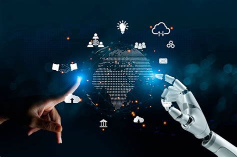 Ai 기계 학습 언어 로봇 손 및 인간 터치 글로벌 가상은 인공 지능 두뇌와 인간의 교환을 나타냅니다 인간의 생각의 교환 Ai