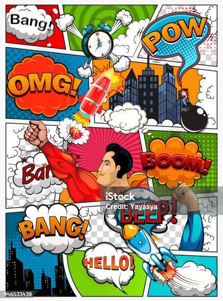 만화 책 페이지 연설 거품 로켓 슈퍼 히어로 소리 효과 함께 선으로 분할 합니다 레트로 배경 모형입니다 만화 템플릿입니다 벡터 일러스트 레이 션 만화책에 대한 스톡 벡터