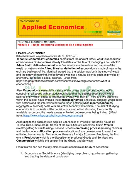 Module 1 Topic 1 Applied Economics PRINTABLE LEARNING MATERIAL Module 1 Topic1 Revisiting