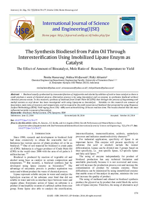 Pdf Synthesis Biodiesel From Palm Oil Through Interesterification Using Imobilized Lipase