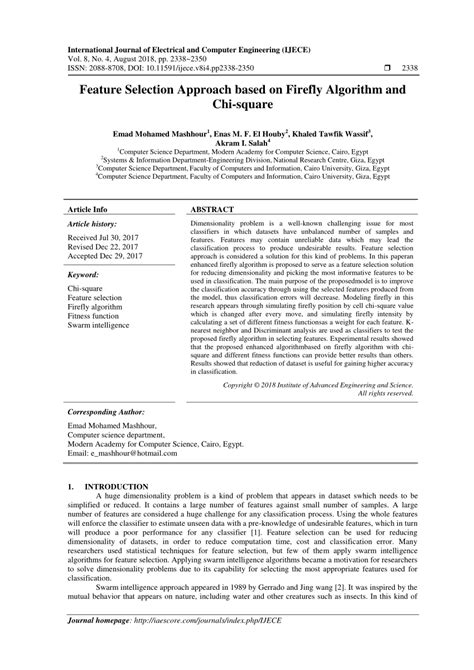 Pdf Feature Selection Approach Based On Firefly Algorithm And Chi Square