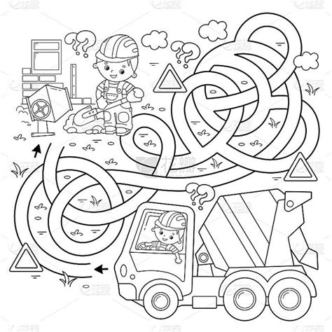 迷宫或迷宫游戏。谜题。错综复杂的道路。卡通混凝土搅拌机涂色页大纲。施工车辆。儿童涂色本。