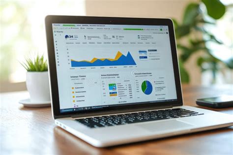 Laptop Showing Statistical Charts And Data Analysis On Wooden Desk Stock Illustration