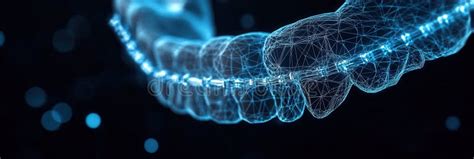 High Tech 3d Wireframe Model Of A Dental Arch With Braces Featuring Glowing Lines In A