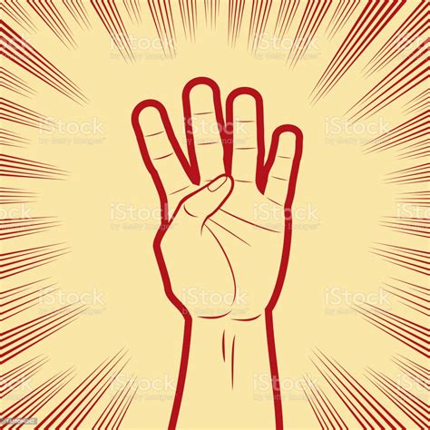 4 손가락 위로 또는 4의 위로 손 제스처 만화 효과 라인 배경에서 4 개를 세는 손 기호를 몸짓 네 손가락에 대한 스톡 벡터 아트 및 기타 이미지 Istock