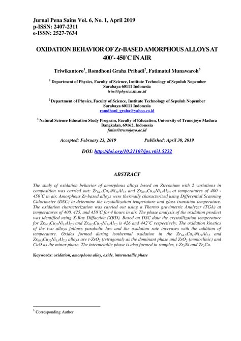 Pdf Oxidation Behavior Of Zr Based Amorphous Alloys At 400˚ 450˚c In Air