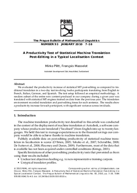 Pdf A Productivity Test Of Statistical Machine Translation Post Editing In A Typical