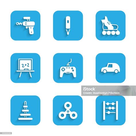 게임 패드 피젯 스피너 주판 장난감 자동차 피라미드 장난감 칠판 롤러 스케이트 및 광선 총 아이콘을 설정합니다 벡터 Brand Name Video Game에 대한 스톡 벡터