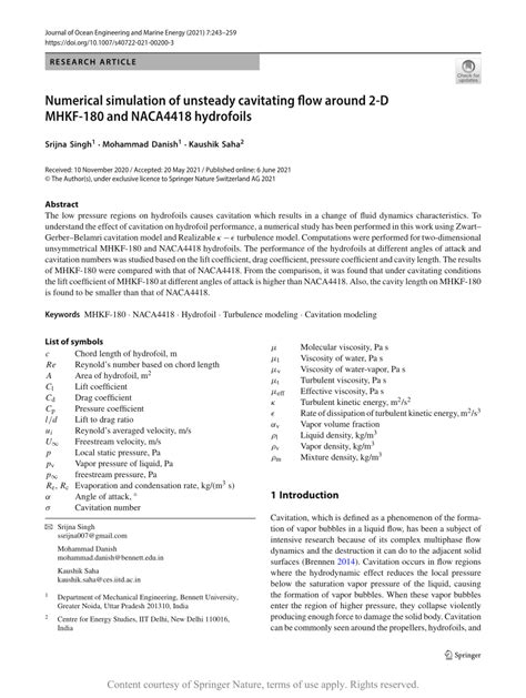 Numerical Simulation Of Unsteady Cavitating Flow Around 2 D Mhkf 180