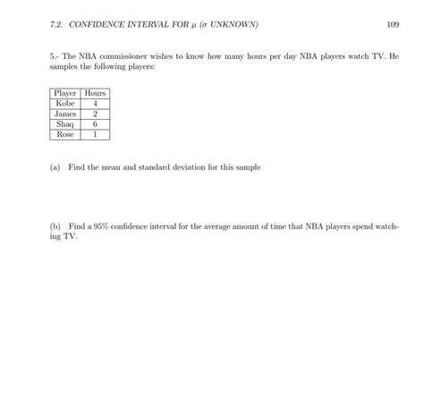 Solved 7 2 Confidence Interval For μ σ Unknown 109 5