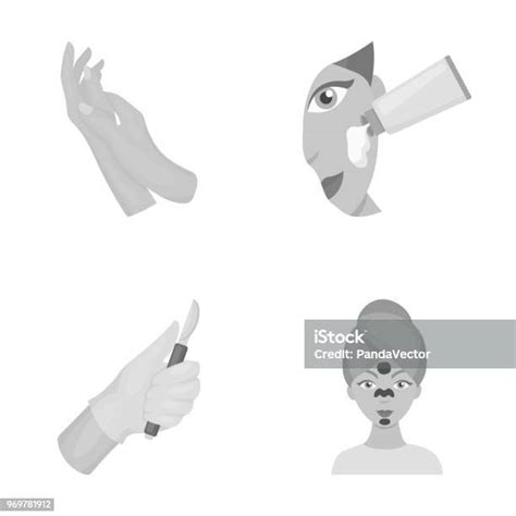 손 보습 얼굴 얼굴에 크림에 메스 외과 마스크 피부는 흑백 스타일 벡터 기호 재고 일러스트 웹에서 컬렉션 아이콘을 설정 됩니다