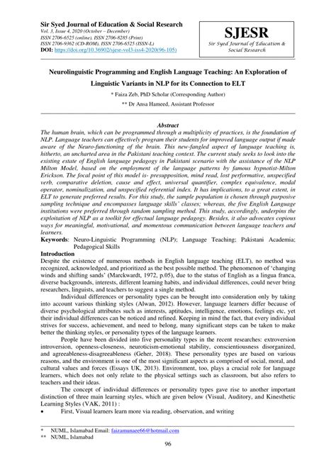 Pdf Neurolinguistic Programming And English Language Teaching An