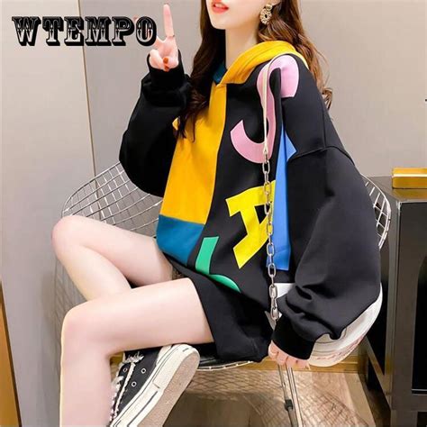 Весна і осінь контрастний колір з капюшоном світшот жіночий великий вільний корейський стиль