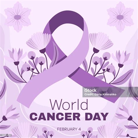 세계 암 인식의 날 2월 4일 라일락 또는 보라색 리본은 꽃 요소가 있는 암의 상징입니다 암 캠페인 중지 소셜 미디어 또는 웹 사이트에 대 한 건강 관리 사각형 템플릿입니다