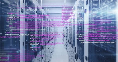 Computer Code Animation Over Server Racks In Data Center Stock Video