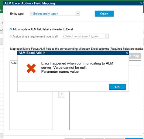 Alm Excel Addin Error Error Happened When Communicating Alm Server Value Cannot Be Null