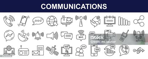 통신 라인 벡터 아이콘 컬렉션입니다 연락처 전화 웹사이트 메일 채팅 위성 라디오 안테나 메시지 등과 관련된 개요 아이콘