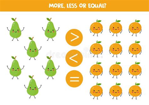 More Less Or Equal With Cute Kawaii Pears And Oranges Stock Vector