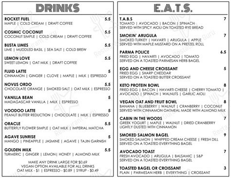 Menu At Fluid Coffee Roasters Cafe Valparaiso 159 W Lincolnway
