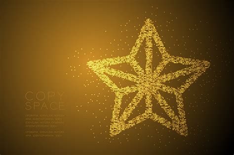 추상적인 기하학적 Bokeh 서클 도트 픽셀 패턴 크리스마스 별 모양 행복 한 새 해 축 하 개념 디자인 골드 컬러 그림 갈색 그라데이션 배경 복사 공간에 고립 된 벡터