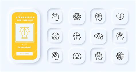 심리 치료 세트 아이콘 머리 정신과 뇌 음과 양 심장 울음 우울증 불안 장애 양극성 정신 건강 건강 관리 개념 Neomorphism Ui 전화 앱 화면 벡터 라인 아이콘