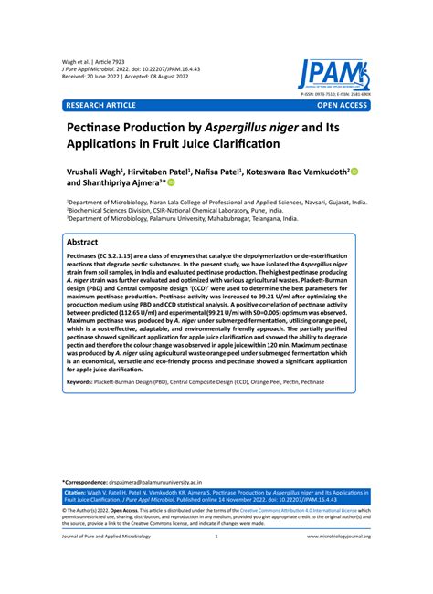 Pdf Pectinase Production By Aspergillus Niger And Its Applications In Fruit Juice Clarification