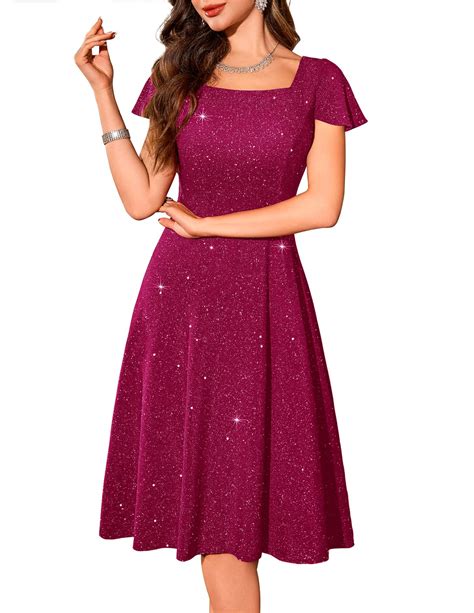 Berylove Prom Dress For Teens Sequin Dress Square Neck Midi Cocktail