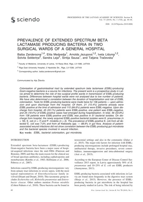Pdf Prevalence Of Extended Spectrum Beta Lactamase Producing Bacteria In Two Surgical Wards Of