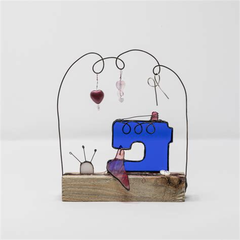 Vintage Stained Glass Sewing Machine Sculpture Dark Blue Orchid