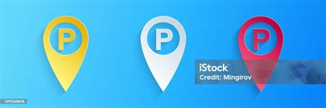 파란색 배경에 분리 된 주차 아이콘이있는 용지 잘라맵 포인터 종이 아트 스타일 벡터 3차원 형태에 대한 스톡 벡터 아트 및 기타 이미지 3차원 형태 거리 관광