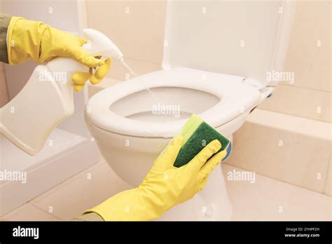 Hands Women Wearing Protect Glove Yellow Using Liquid Cleaning Solution