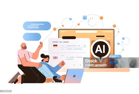 Ai 도우미 봇과 함께 기계 번역 애플리케이션을 사용하는 사람들 국제 커뮤니케이션 인공 지능 기술 웹페이지에 대한 스톡 벡터 아트 및 기타 이미지 Istock