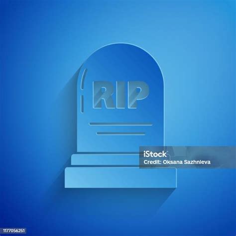 파란색 배경에 격리 된 아이콘에 Rip가 쓰여진 종이 잘라 삭제 표시 무덤 아이콘입니다 종이 아트 스타일입니다 벡터 일러스트레이션 묘비에 대한 스톡 벡터 아트 및 기타